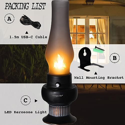 HoogaLife LED Vintage Kerosene Lamp Glass Lampshade Rechargeable Flame Effect Lantern with Timer and Retro Design - Frosted Gray