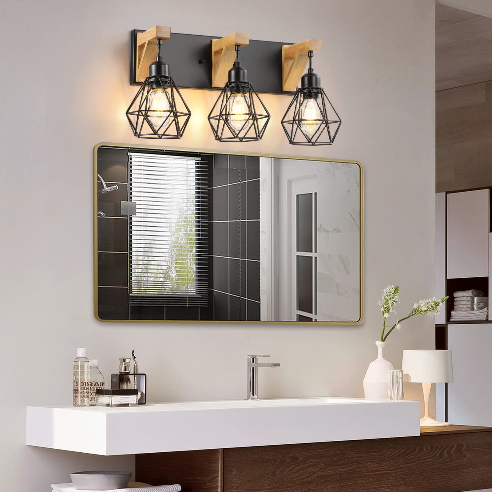 Farmhouse Bathroom Light Fixtures, 3 Light Bathroom Vanity Light, Rustic Lighting Fixtures Over Mirror, Wall Sconces Lighting with Elegant Metal Lampshade for Living Room, Bedroom, Hallway