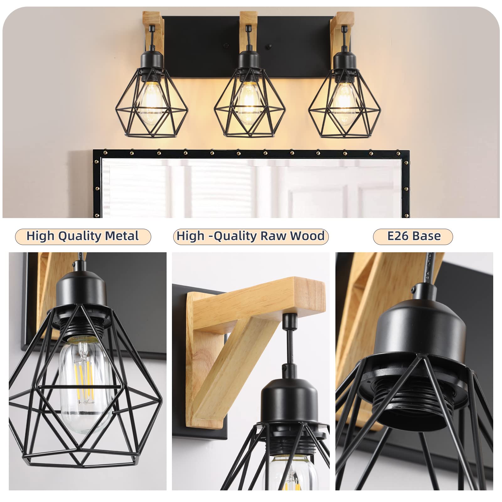 Farmhouse Bathroom Light Fixtures, 3 Light Bathroom Vanity Light, Rustic Lighting Fixtures Over Mirror, Wall Sconces Lighting with Elegant Metal Lampshade for Living Room, Bedroom, Hallway