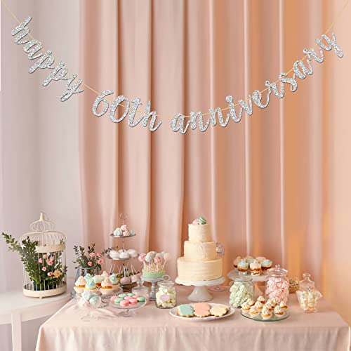 INNORU Glitter Silver Happy 60th Anniversary Banner - Sixty Sign - 60th Birthday Banner - 60th Wedding Anniversary Party Bunting Decoration
