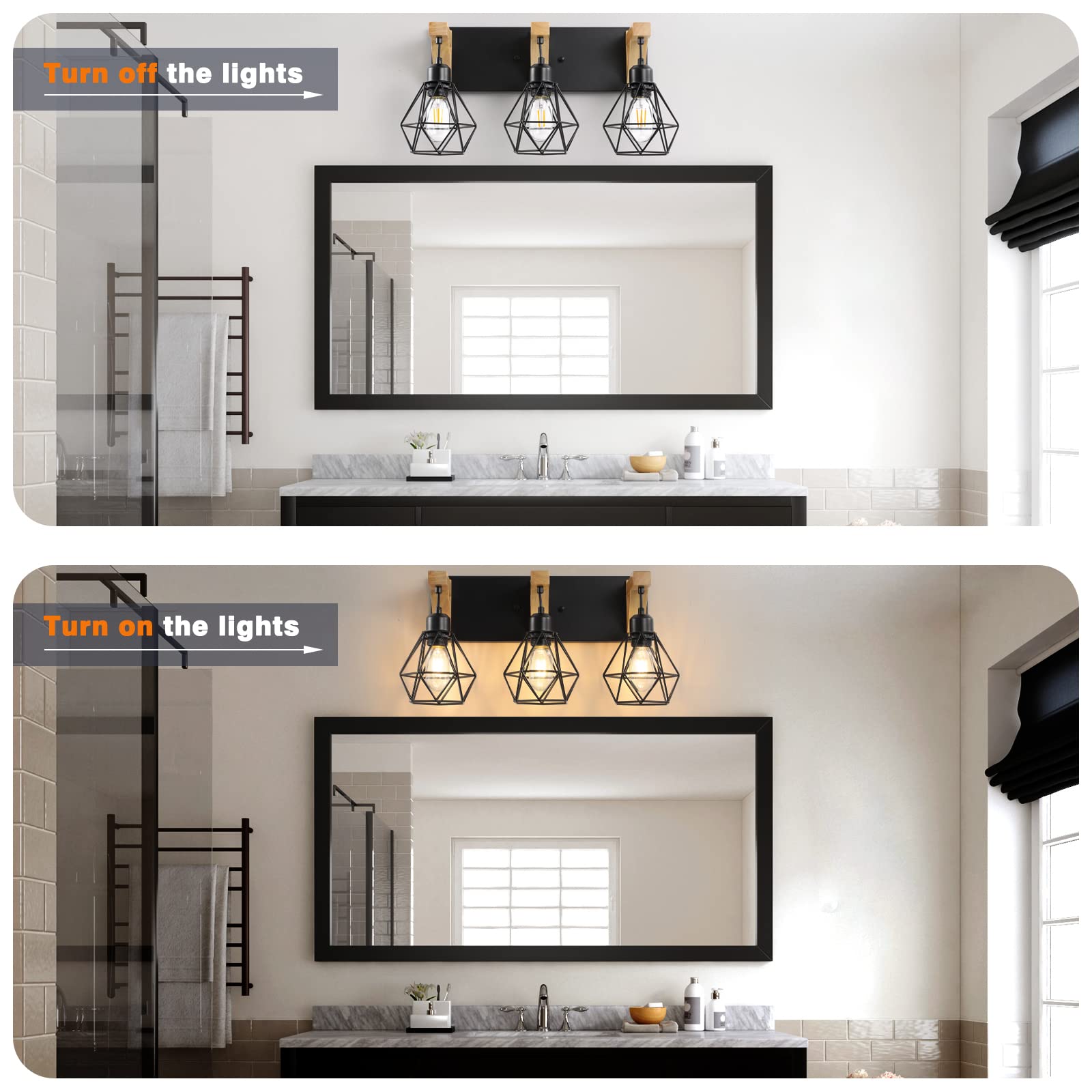 Farmhouse Bathroom Light Fixtures, 3 Light Bathroom Vanity Light, Rustic Lighting Fixtures Over Mirror, Wall Sconces Lighting with Elegant Metal Lampshade for Living Room, Bedroom, Hallway