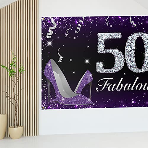 HAMIGAR 6x4ft Happy 50th Birthday Banner Backdrop - 50 & Fabulous Heels Birthday Decorations Party Supplies for Women - Purple