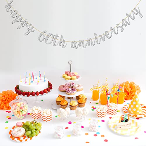 INNORU Glitter Silver Happy 60th Anniversary Banner - Sixty Sign - 60th Birthday Banner - 60th Wedding Anniversary Party Bunting Decoration
