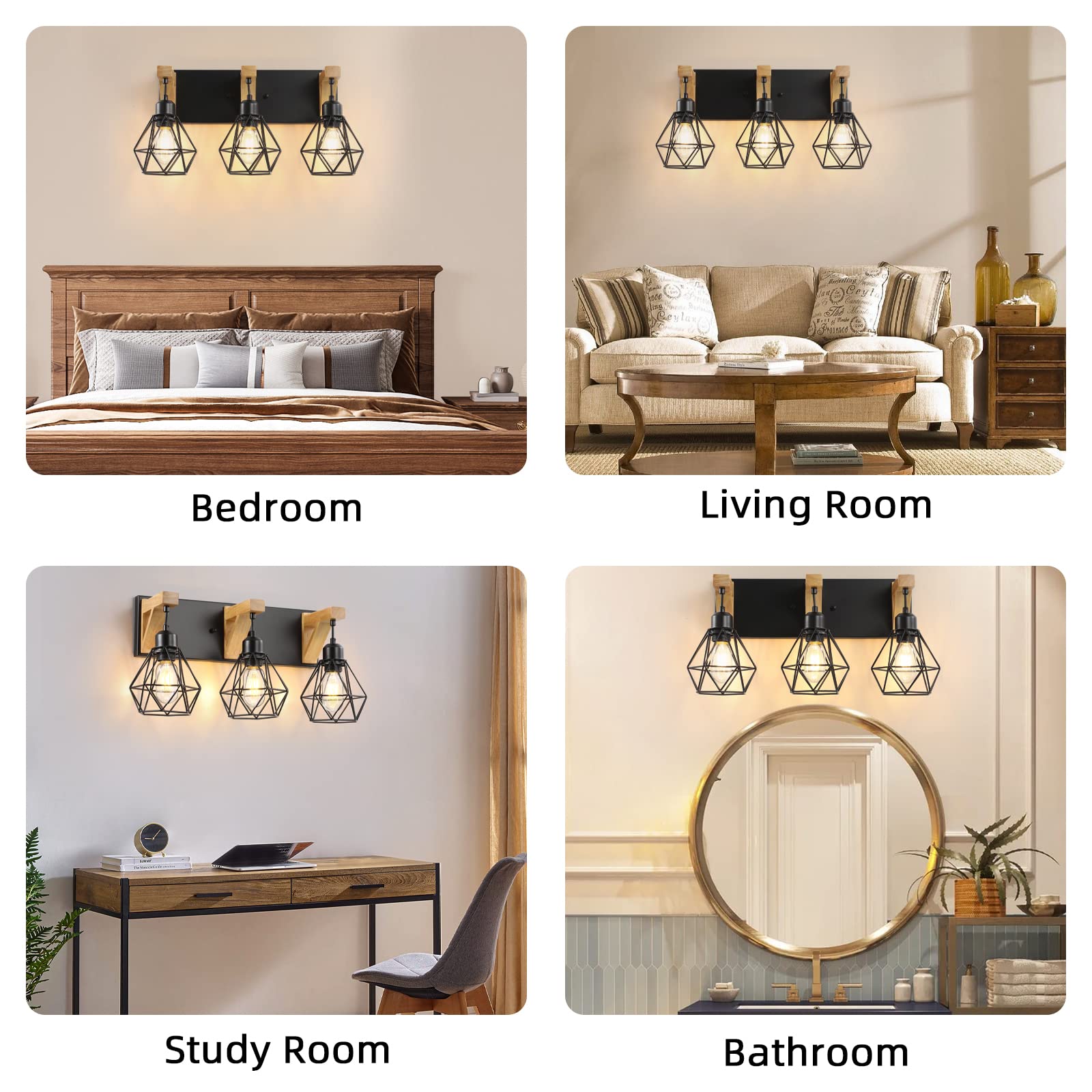 Farmhouse Bathroom Light Fixtures, 3 Light Bathroom Vanity Light, Rustic Lighting Fixtures Over Mirror, Wall Sconces Lighting with Elegant Metal Lampshade for Living Room, Bedroom, Hallway