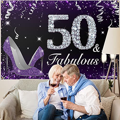 HAMIGAR 6x4ft Happy 50th Birthday Banner Backdrop - 50 & Fabulous Heels Birthday Decorations Party Supplies for Women - Purple