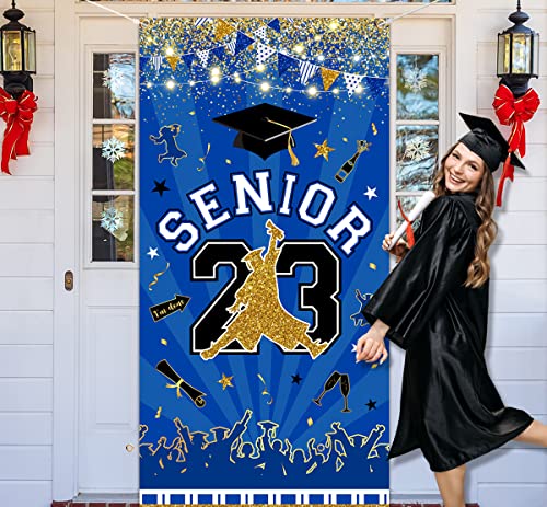 Senior 2023 Door Cover Decoration-Graduation Party Supplies,Large Congrats Grad Front Door Porch Sign Backdrop for Class of 2023 Graduation Party Outdoor Indoor Decoration (Blue)