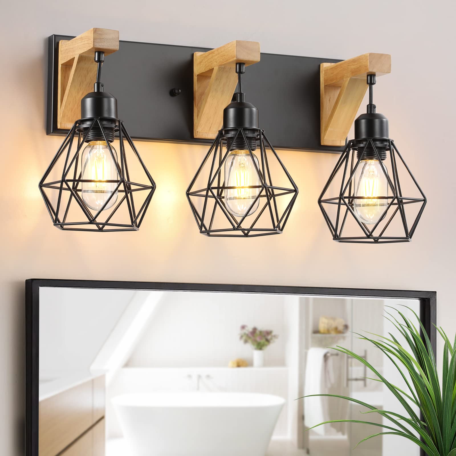 Farmhouse Bathroom Light Fixtures, 3 Light Bathroom Vanity Light, Rustic Lighting Fixtures Over Mirror, Wall Sconces Lighting with Elegant Metal Lampshade for Living Room, Bedroom, Hallway