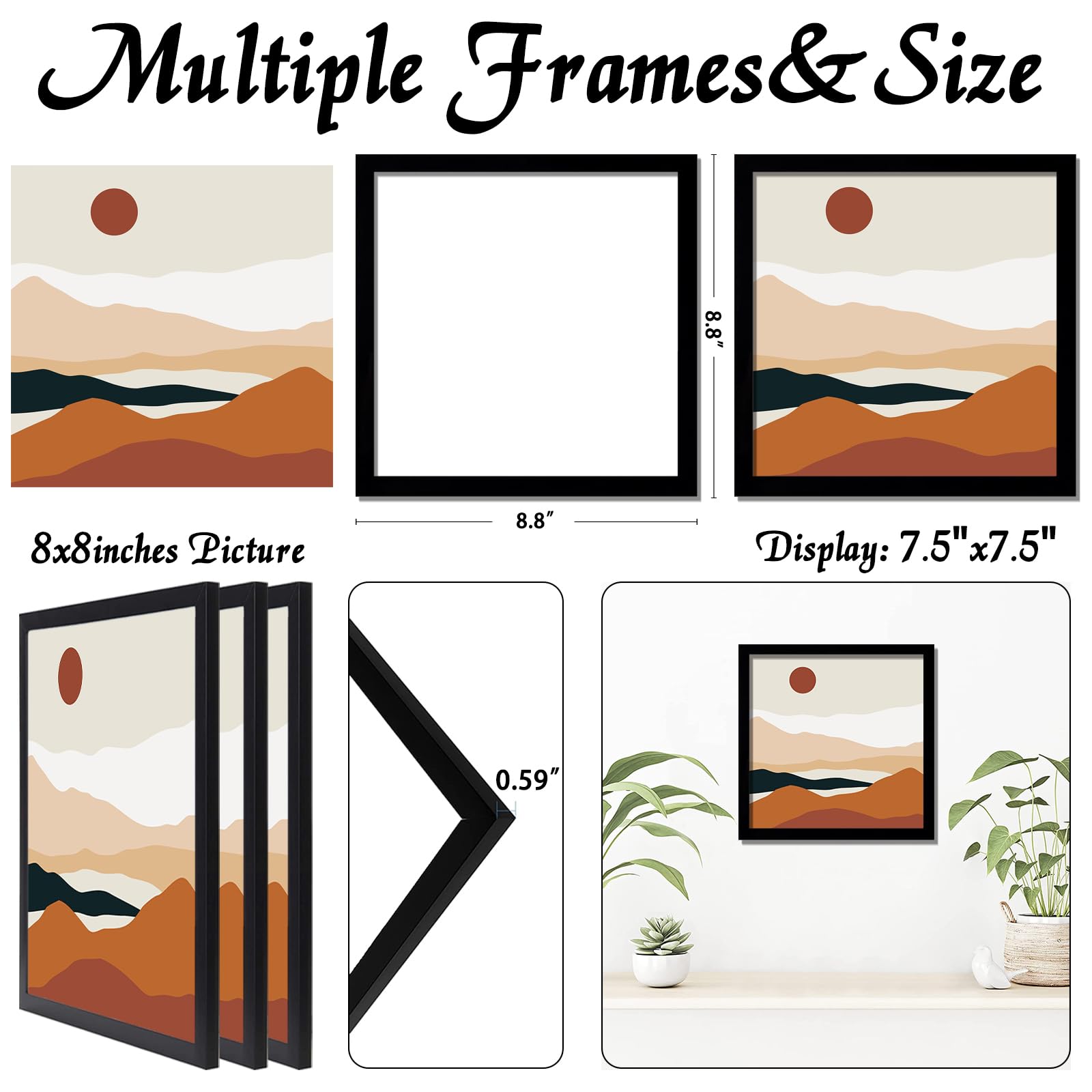 ijuerybai Black 8x8 Picture Frame Set of 3, High Transparent Frame for 8 By 8 Square Photo Collage Canvas Poster Size Wall Mount and Tabletop Horizontally Vertically (Black, 8 x 8 inches)