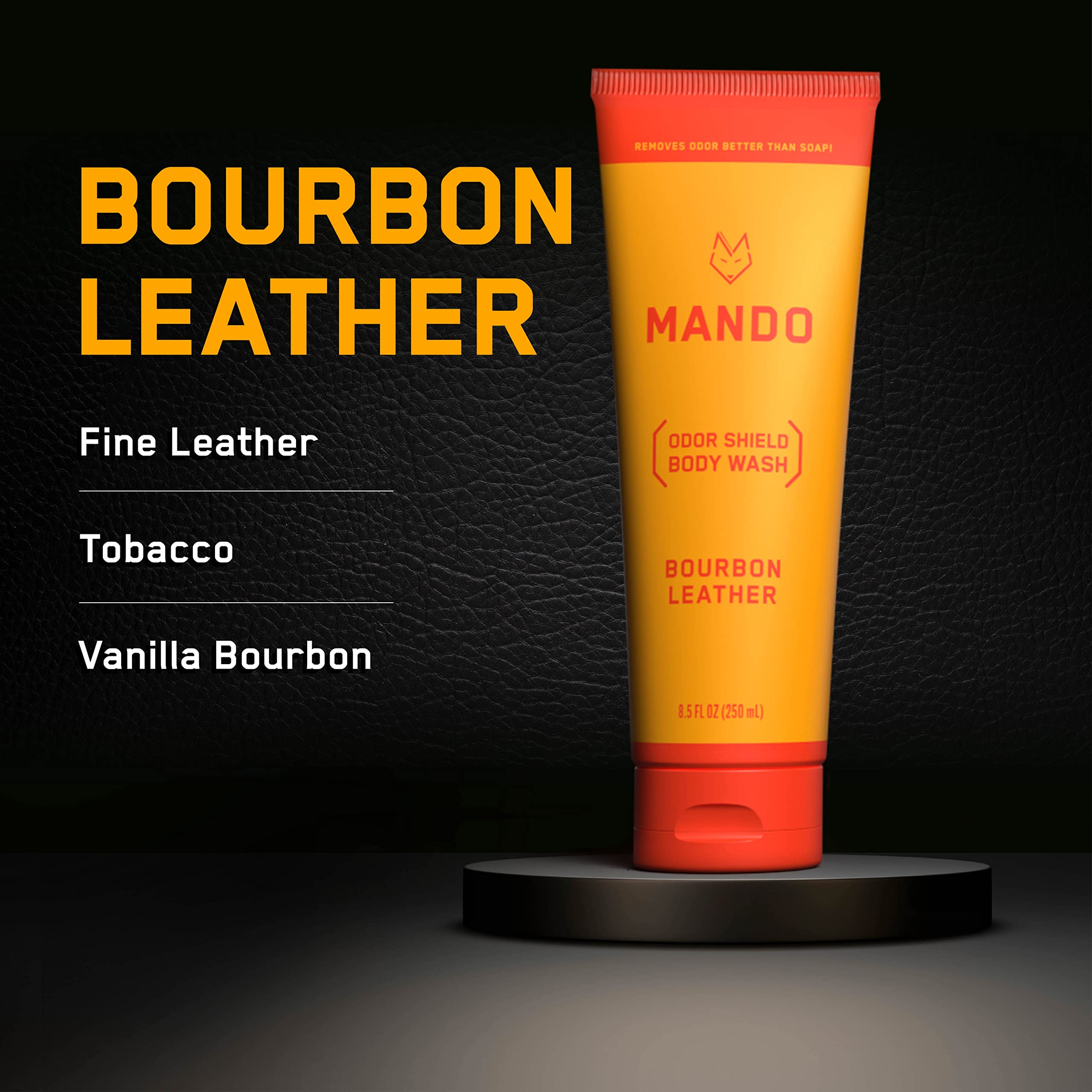Mando Odor Shield Body Wash - 24 Hour Control - Removes Odor Better than Soap - SLS and Paraben Free, Skin Safe - 8.5 Ounce (Bourbon Leather)