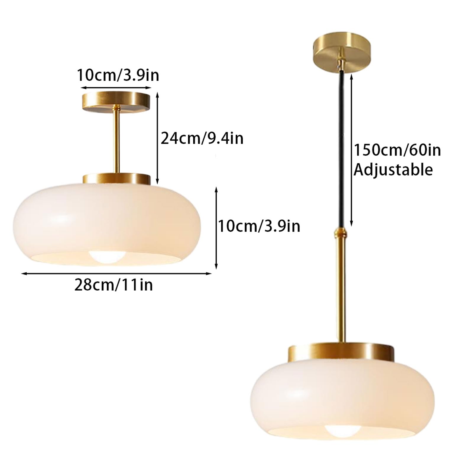 Pairosenvi Pendant Light Fixture, Hanging lamp with Hand-Blown Glass Lampshade, American Retro Style Hanging Light, Height Adjustable Semi Flush Ceiling Light for Kitchen Island, Bathroom… (White)