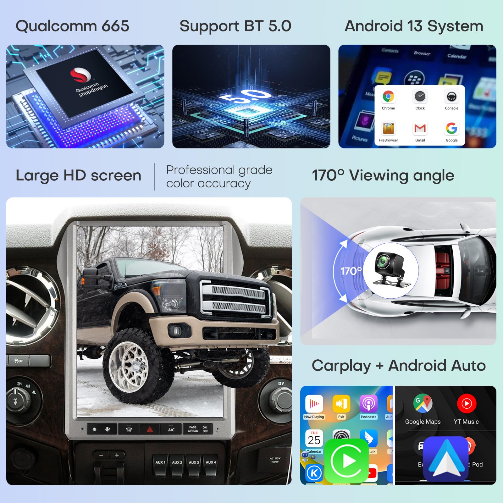 Qualcomm Car Radio for Ford F250 F350 F450 2013 2014 2015 2016 SYNC2 Stereo Android 13 Replacement Carplay Android Auto Upgrade 12.1 Inch 2K IPS Touch Screen Tesla Style Navigation Multimedia Play