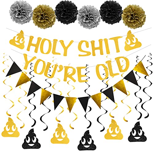 Holy Shit You're Old Banner Decorations Kit - 20Pcs - Gold Funny Adult Birthday Party Decor Sign for 30th-40th-50h-60th-70th-80th-90th Birthday - Including Holy Shit You're Old Banner, Triangle Flag, 12Pcs Swirl, 6Pcs Poms