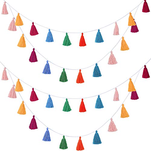 4 Pieces Tassel Garland Boho Colorful Tassel Banner Decorative Wall Hanging for Home Decoration Wedding Birthday Baby Shower Party Supplies, Pre-Assembled (Tassel in 3.1 Inches)