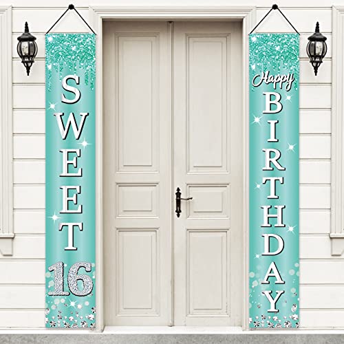 Teal Silver Happy 16th Birthday Door Banner Decorations for Girls, Breakfast Blue Sweet 16 Birthday Porch Sign Party Supplies, Happy Sweet Sixteen Year Old Birthday Decor for Outdoor Indoor