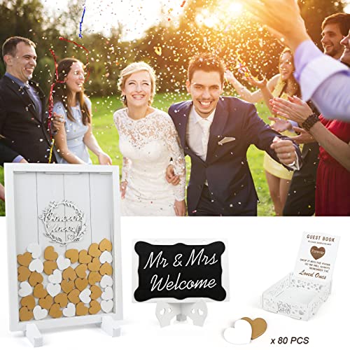 Yeghujar Wedding Guest Book Alternative, 80Pcs Gold & White Wooden Hearts for Guest Book, Pen Sign Drop Wooden Frame and Blackboard, Rustic Guest Book Alternative Wedding Signs Reception Decorations