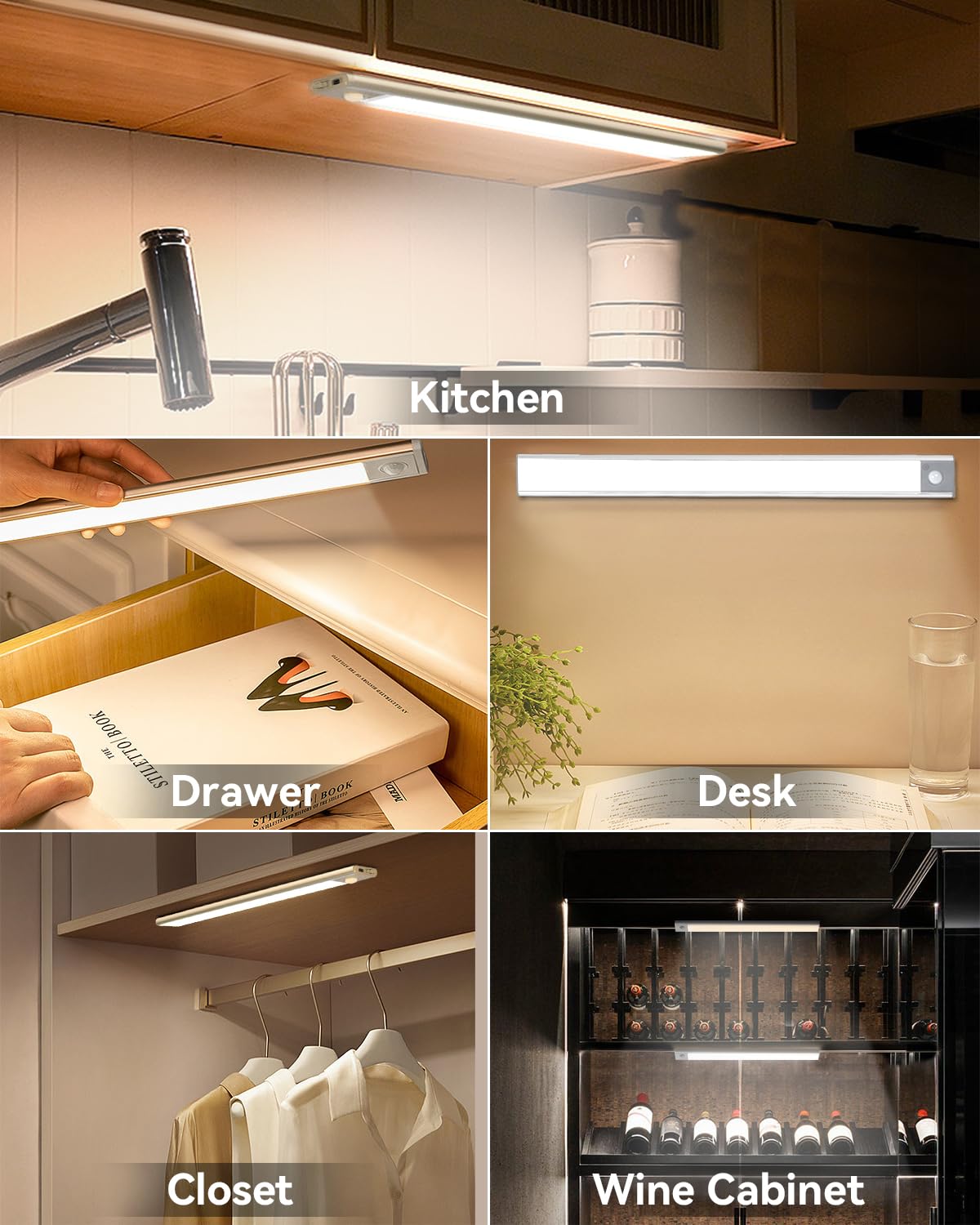 90LED Motion Sensor Under Cabinet Light,Closet Lights 3 Color Temperature&Stepless Dimming,Wireless Rechargeable 2200mAh Battery,Magnetic Closet Lighting for Kitchen,Bedroom,Cupboard,Stairs,2 Pack