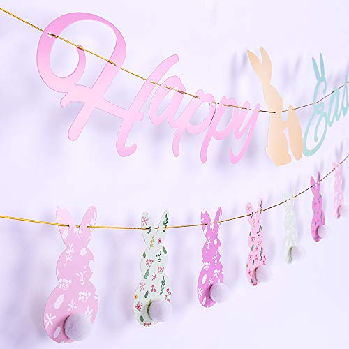 Happy Easter Bunny Paper Banner Easter Bunny Pattern Sign, Bunnny Honeycomb Ball Hanging Ornament, Perfect for Spring Easter Party Decoration Supplies Easter Home Indoor Hanging Decor