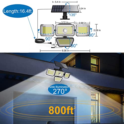 NUNET Solar Motion Sensor Lights Outdoor 278 LEDs PIR Security Solar Flood Lights w.Detachable 1.5W Solar Panel 3 Modes Remote IP65 Waterproof 4 Heads 270°Angle Wall Lamp for Shed Yard(1 Pack)