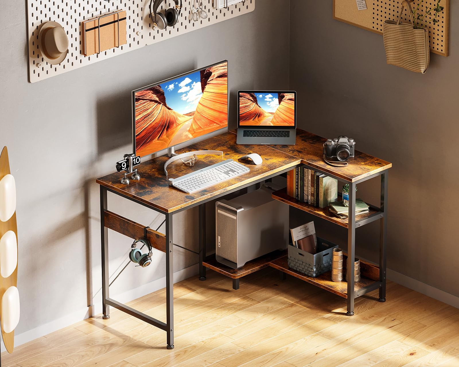 ODK 40 Inch Small L Shaped Computer Desk with Reversible Storage Shelves, Corner Desk with Monitor Stand for Small Space, Modern Simple Writing Study Table for Home Office, Rustic Brown