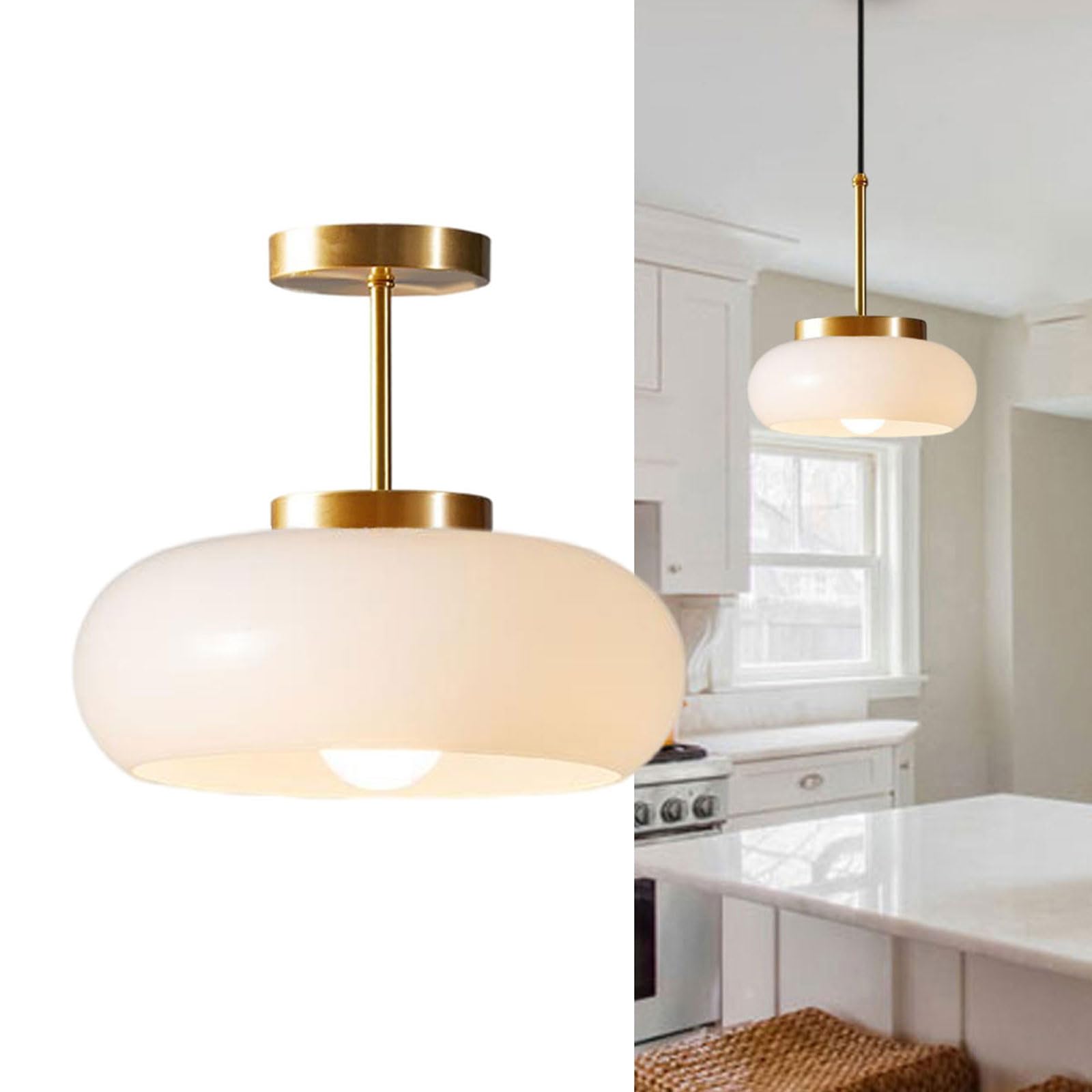 Pairosenvi Pendant Light Fixture, Hanging lamp with Hand-Blown Glass Lampshade, American Retro Style Hanging Light, Height Adjustable Semi Flush Ceiling Light for Kitchen Island, Bathroom… (White)