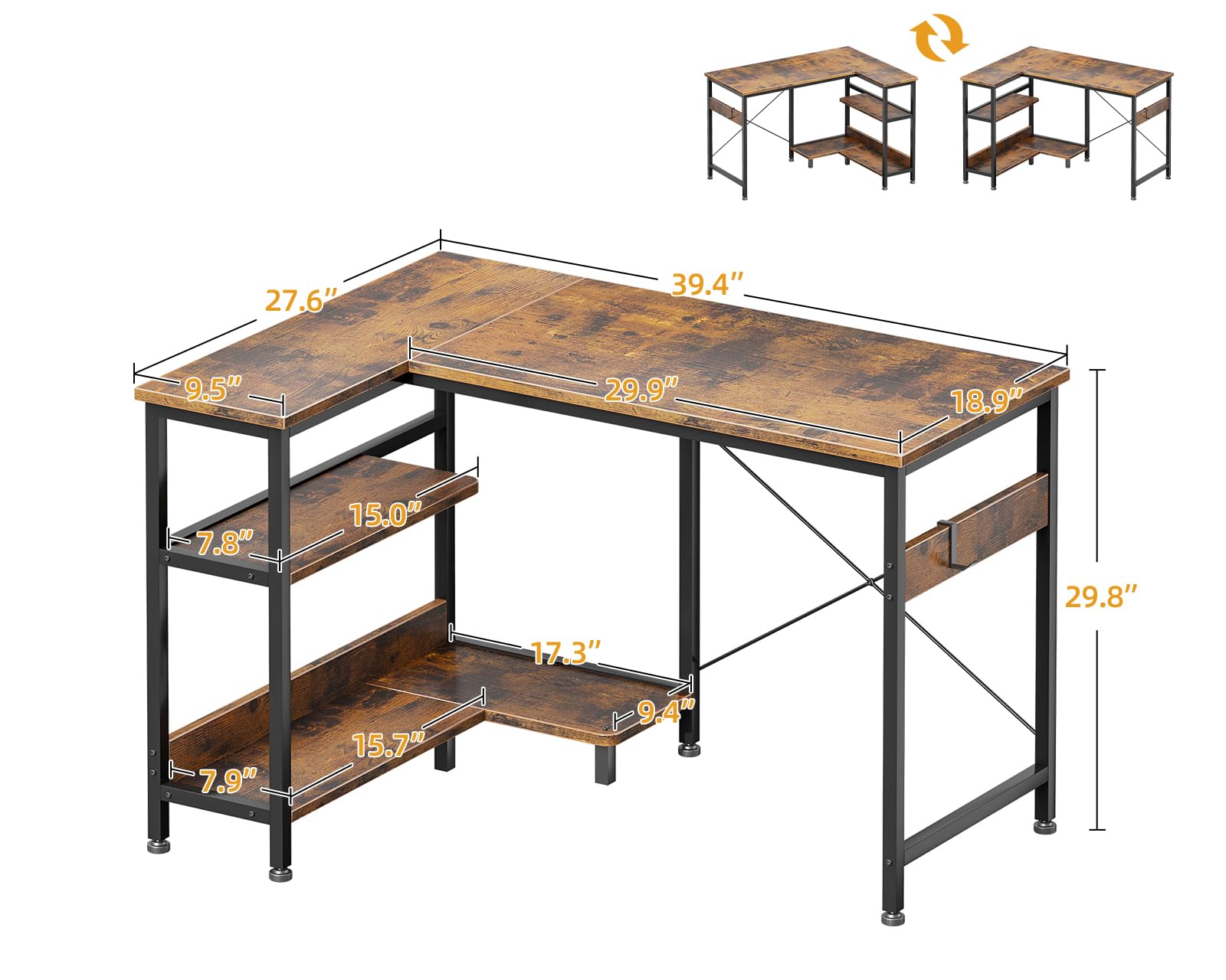 ODK 40 Inch Small L Shaped Computer Desk with Reversible Storage Shelves, Corner Desk with Monitor Stand for Small Space, Modern Simple Writing Study Table for Home Office, Rustic Brown