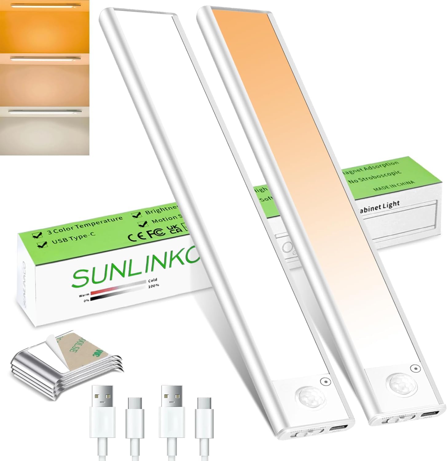 90LED Motion Sensor Under Cabinet Light,Closet Lights 3 Color Temperature&Stepless Dimming,Wireless Rechargeable 2200mAh Battery,Magnetic Closet Lighting for Kitchen,Bedroom,Cupboard,Stairs,2 Pack