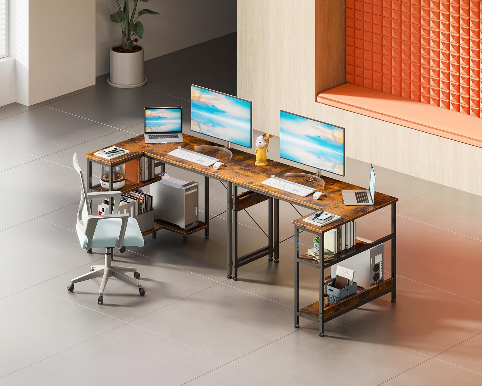 ODK 40 Inch Small L Shaped Computer Desk with Reversible Storage Shelves, Corner Desk with Monitor Stand for Small Space, Modern Simple Writing Study Table for Home Office, Rustic Brown