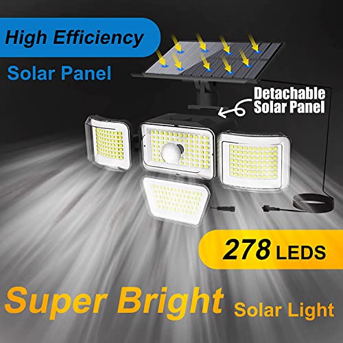 NUNET Solar Motion Sensor Lights Outdoor 278 LEDs PIR Security Solar Flood Lights w.Detachable 1.5W Solar Panel 3 Modes Remote IP65 Waterproof 4 Heads 270°Angle Wall Lamp for Shed Yard(1 Pack)
