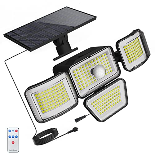 NUNET Solar Motion Sensor Lights Outdoor 278 LEDs PIR Security Solar Flood Lights w.Detachable 1.5W Solar Panel 3 Modes Remote IP65 Waterproof 4 Heads 270°Angle Wall Lamp for Shed Yard(1 Pack)