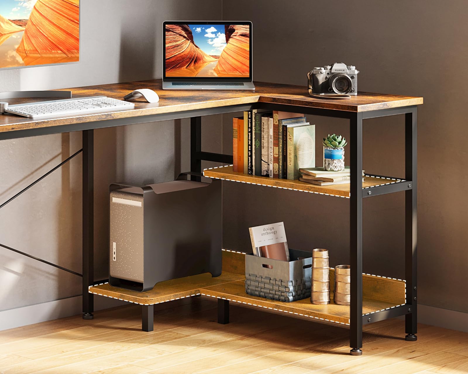 ODK 40 Inch Small L Shaped Computer Desk with Reversible Storage Shelves, Corner Desk with Monitor Stand for Small Space, Modern Simple Writing Study Table for Home Office, Rustic Brown