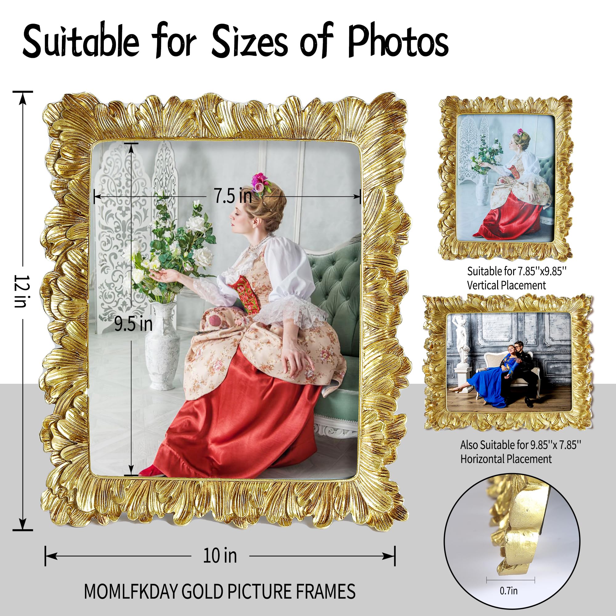 MOMLKFDAY Gold 8x10 Picture Frames Vintage Photo Frame Rose Gold Flower Leaf with Glass Front Antique Picture Frame for Tabletop Wall Hanging (Gold Leaf-8x10)