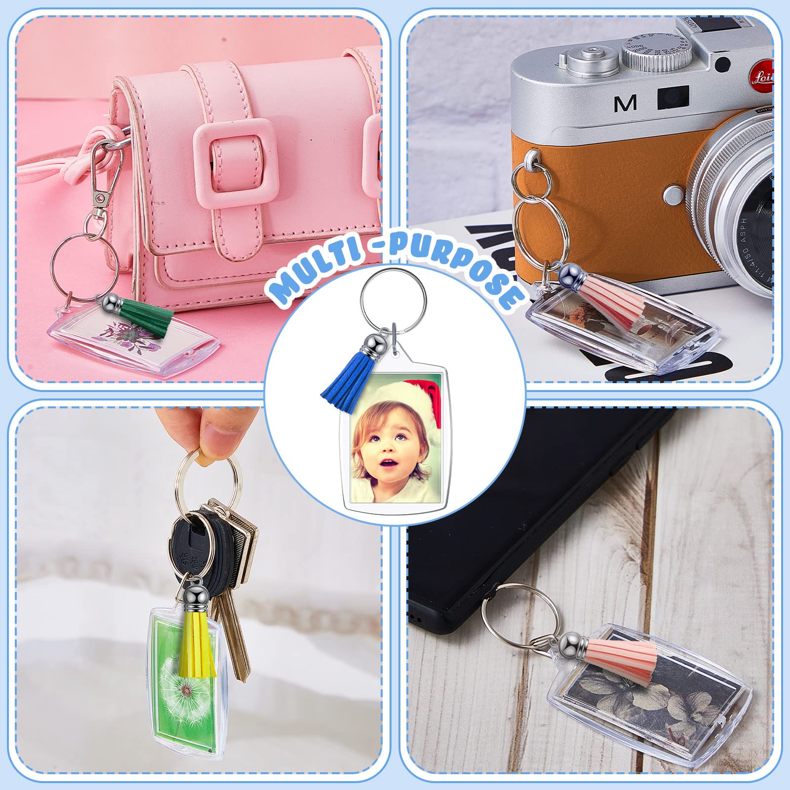 Henoyso 24 Set Acrylic Photo Frame Keychain with Tassels 2.2 x 1.57 inches Rectangle Acrylic Keychain Blanks Insert Picture Frame Keychain Clear Acrylic Blank Key Ring for DIY Crafting Projects