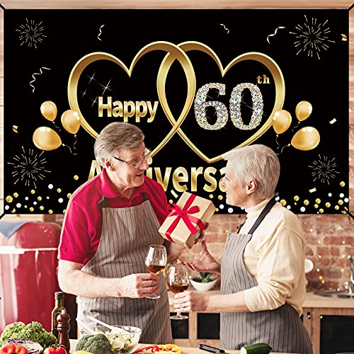 60th Anniversary Banner Backdrop Decorations - Large Happy 60 Year Wedding Anniversary Party Supplies Décor - Black Gold 60 Anniversary Poster Sign for Outdoor Indoor