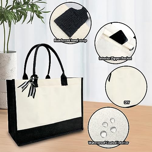 DEEZOMO Personalized Initial Canvas Tote Bag for Women, Beach Bag with Inner Zipper Pocket for Wedding, Birthday, Holiday - Blank