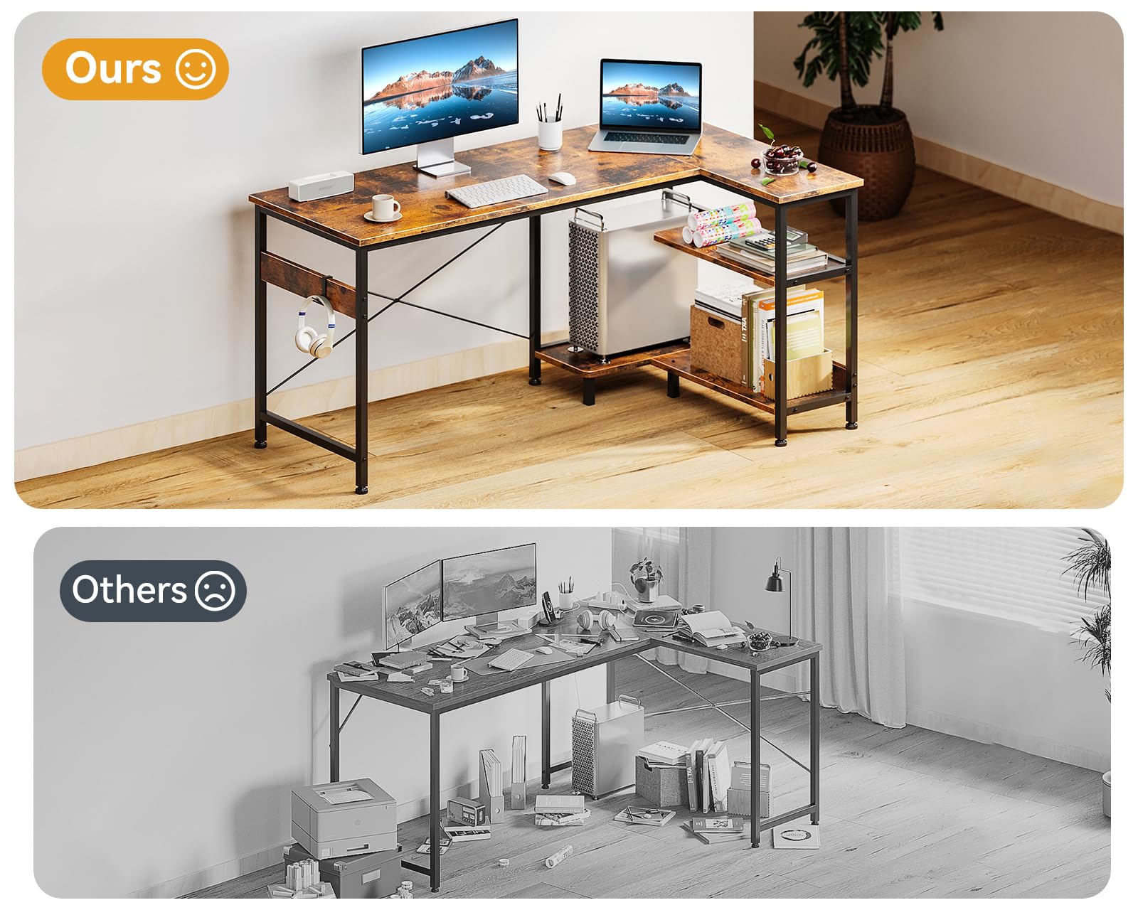 ODK 40 Inch Small L Shaped Computer Desk with Reversible Storage Shelves, Corner Desk with Monitor Stand for Small Space, Modern Simple Writing Study Table for Home Office, Rustic Brown