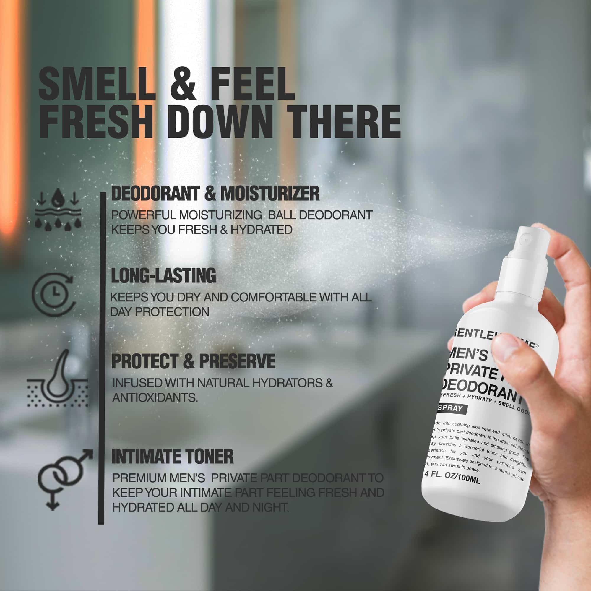 Gentlehomme - Men’s Private Parts Deodorant - Anti-Chaffing Balls Spray - Hydrating & Refreshing - Toner & Moisturizer - With Aloe Vera & Witch Hazel - All Skin Types - Vegan -Amber Leather Scent -4oz