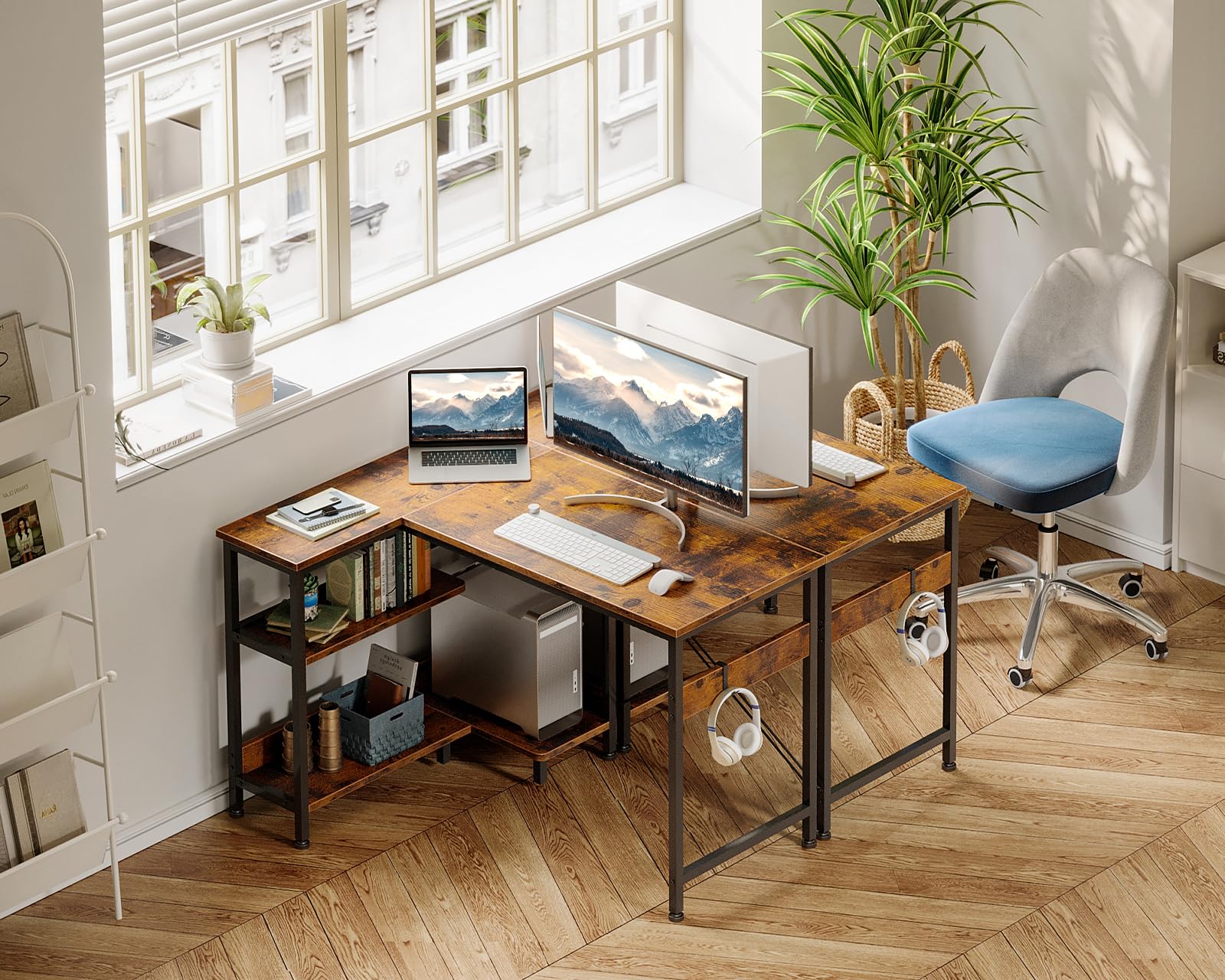 ODK 40 Inch Small L Shaped Computer Desk with Reversible Storage Shelves, Corner Desk with Monitor Stand for Small Space, Modern Simple Writing Study Table for Home Office, Rustic Brown
