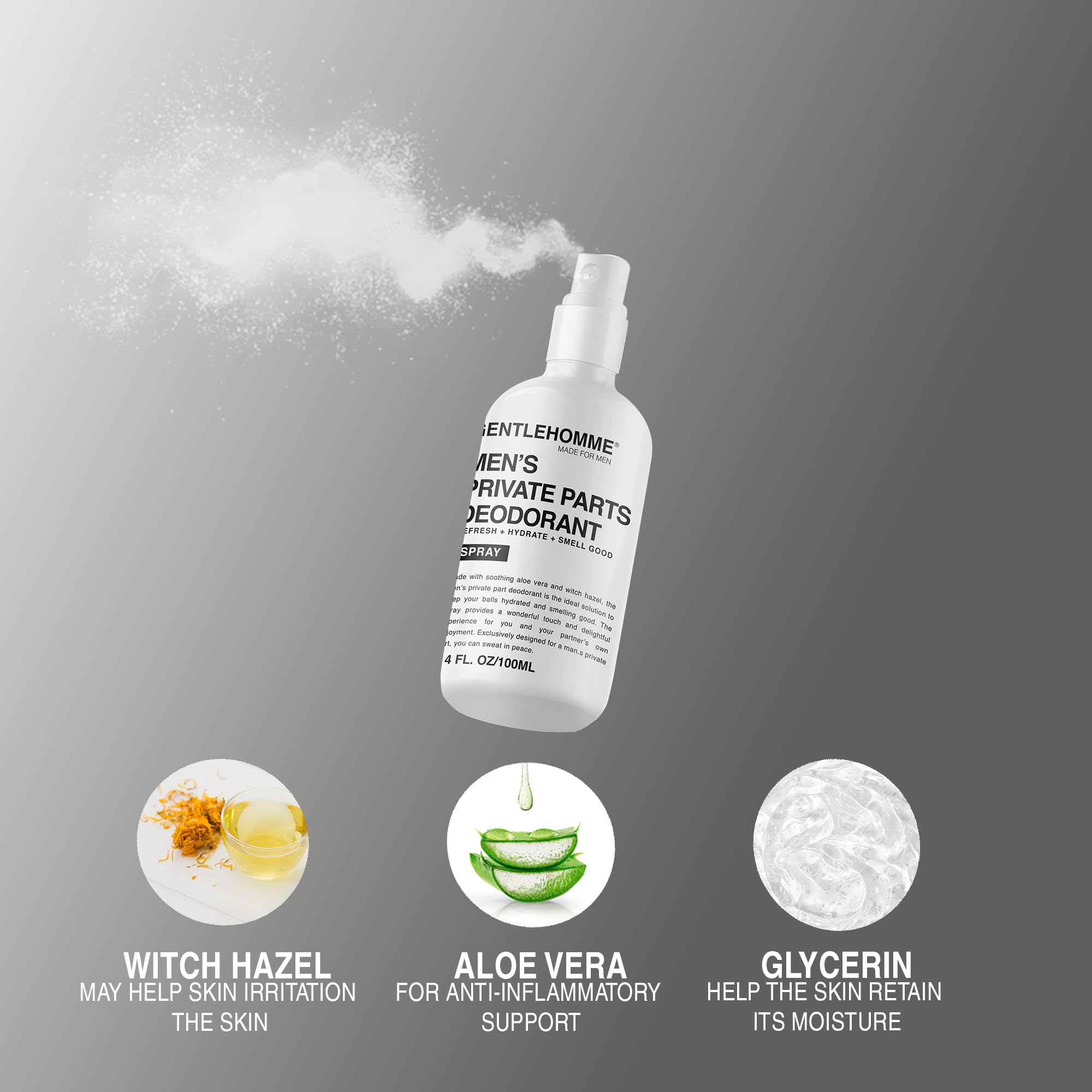 Gentlehomme - Men’s Private Parts Deodorant - Anti-Chaffing Balls Spray - Hydrating & Refreshing - Toner & Moisturizer - With Aloe Vera & Witch Hazel - All Skin Types - Vegan -Amber Leather Scent -4oz