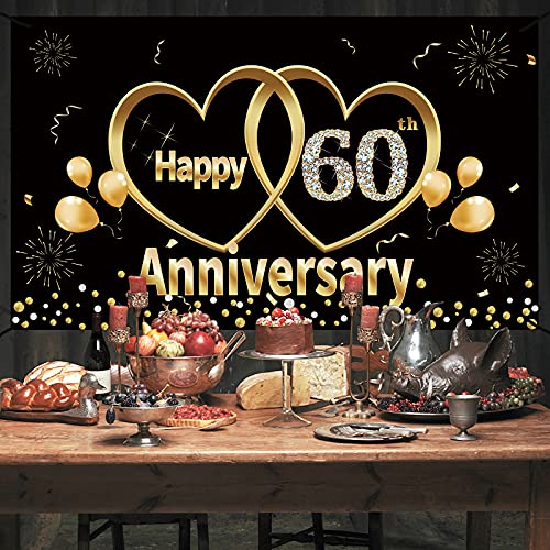 60th Anniversary Banner Backdrop Decorations - Large Happy 60 Year Wedding Anniversary Party Supplies Décor - Black Gold 60 Anniversary Poster Sign for Outdoor Indoor