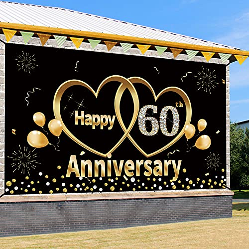 60th Anniversary Banner Backdrop Decorations - Large Happy 60 Year Wedding Anniversary Party Supplies Décor - Black Gold 60 Anniversary Poster Sign for Outdoor Indoor