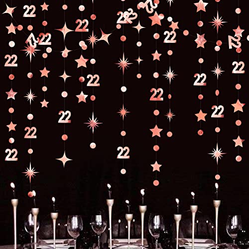 Rose Gold 22nd Birthday Decorations Number 22 Circle Dot Star Garland Streamer Bunting Banner Backdrop for Womens Feeling 22 Twenty Two Year Old Birthday Happy 22th Anniversary Party Supplies