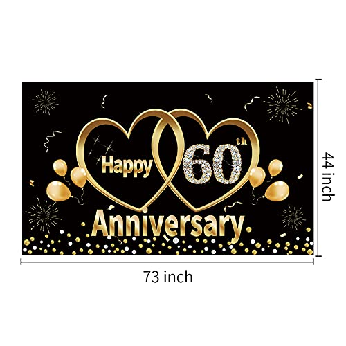 60th Anniversary Banner Backdrop Decorations - Large Happy 60 Year Wedding Anniversary Party Supplies Décor - Black Gold 60 Anniversary Poster Sign for Outdoor Indoor
