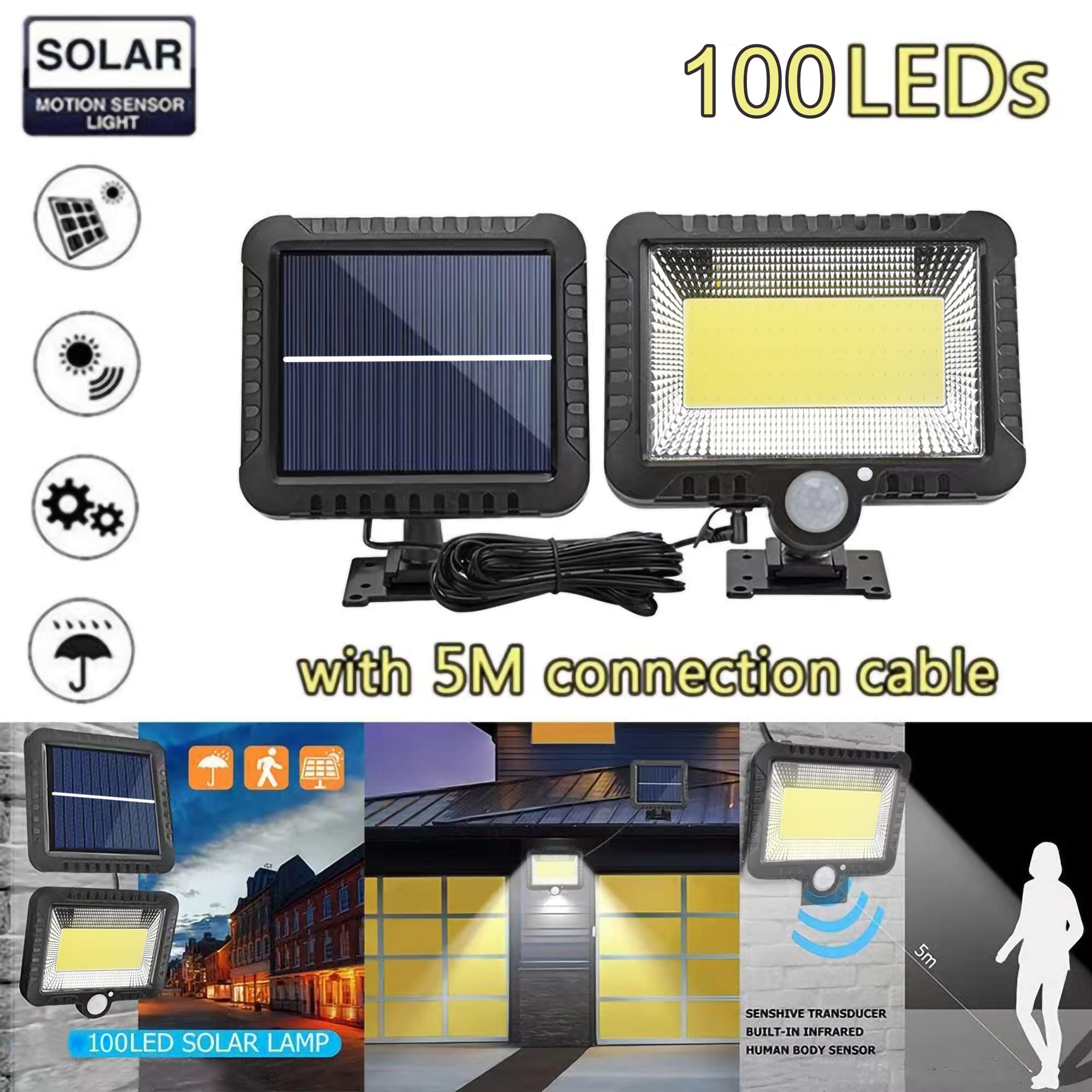 BiteBoom Solar Wall Light with Motion Sensor - Wired Security Light for Garden, Patio, Path - IP65 Waterproof & Bright - 100 COB LED Split Design