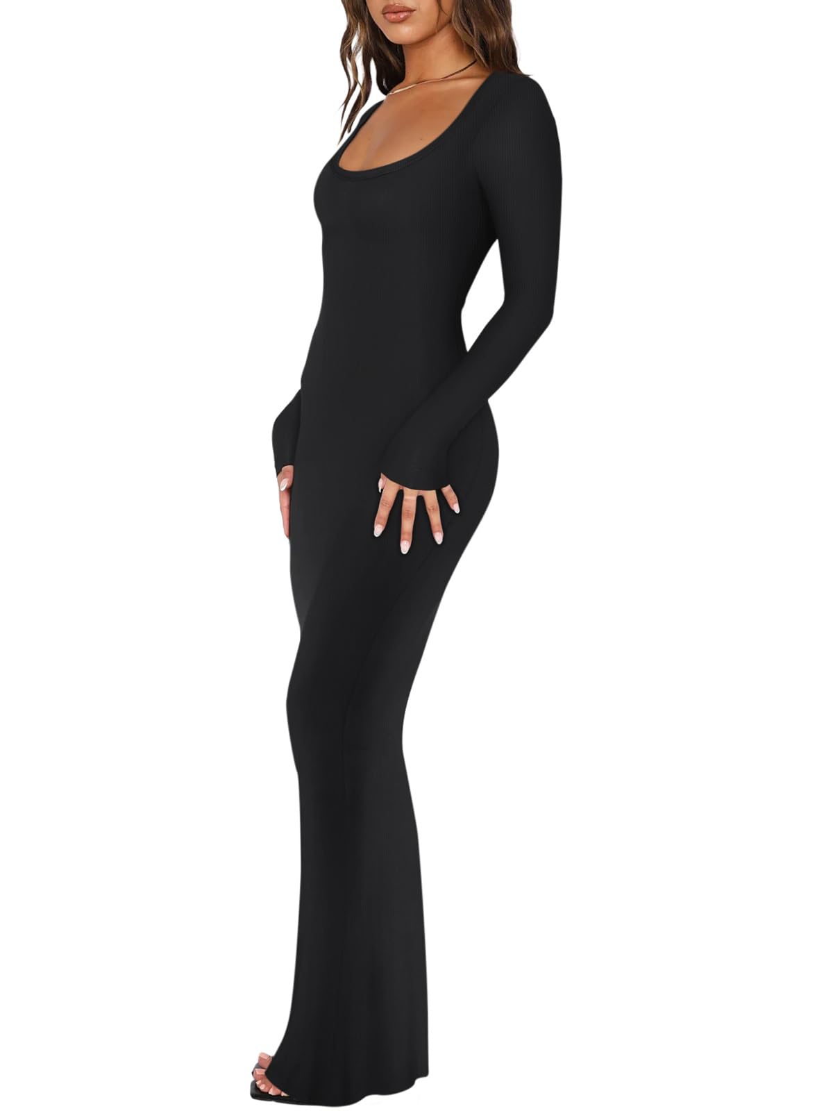 REORIA Womens Sexy Casual Scoop Square Neck Long Sleeve Soft Lounge Long Dress Fall Wedding Guest Elegant Ribbed Bodycon Maxi Dresses Black Small
