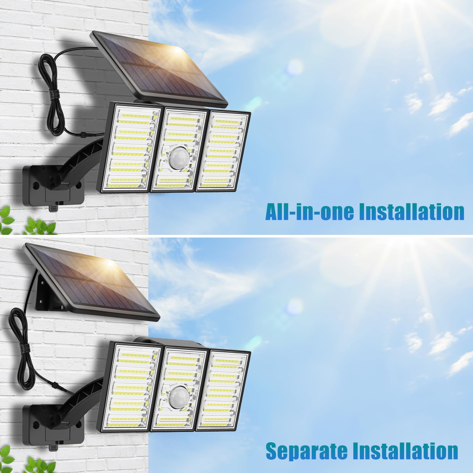 TYCOLIT 2 Packs Solar Outdoor Lights Motion Sensor,108 LED Solar Security Lights,3 Heads IP65 Waterproof Solar Flood Lights,Dusk to Dawn Outdoor Wall Light with 16.4ft Cable for Porch Patio Garden