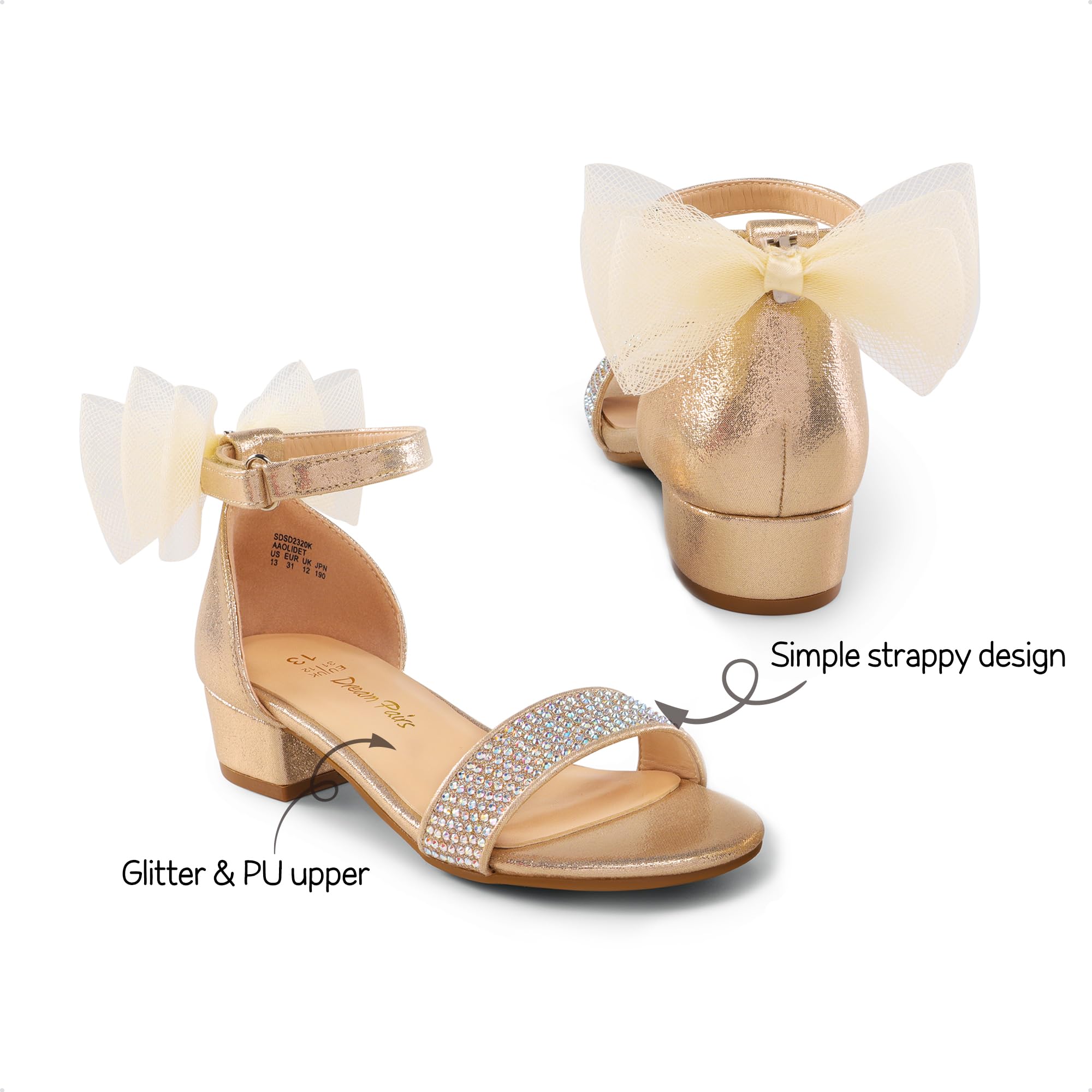 DREAM PAIRS Girls Sandals Low Heel Dress Pump Ankle Strap Interchangeable Bow Flower Wedding Party Shoes SDSD2320K GOLD Size 2 Little Kid