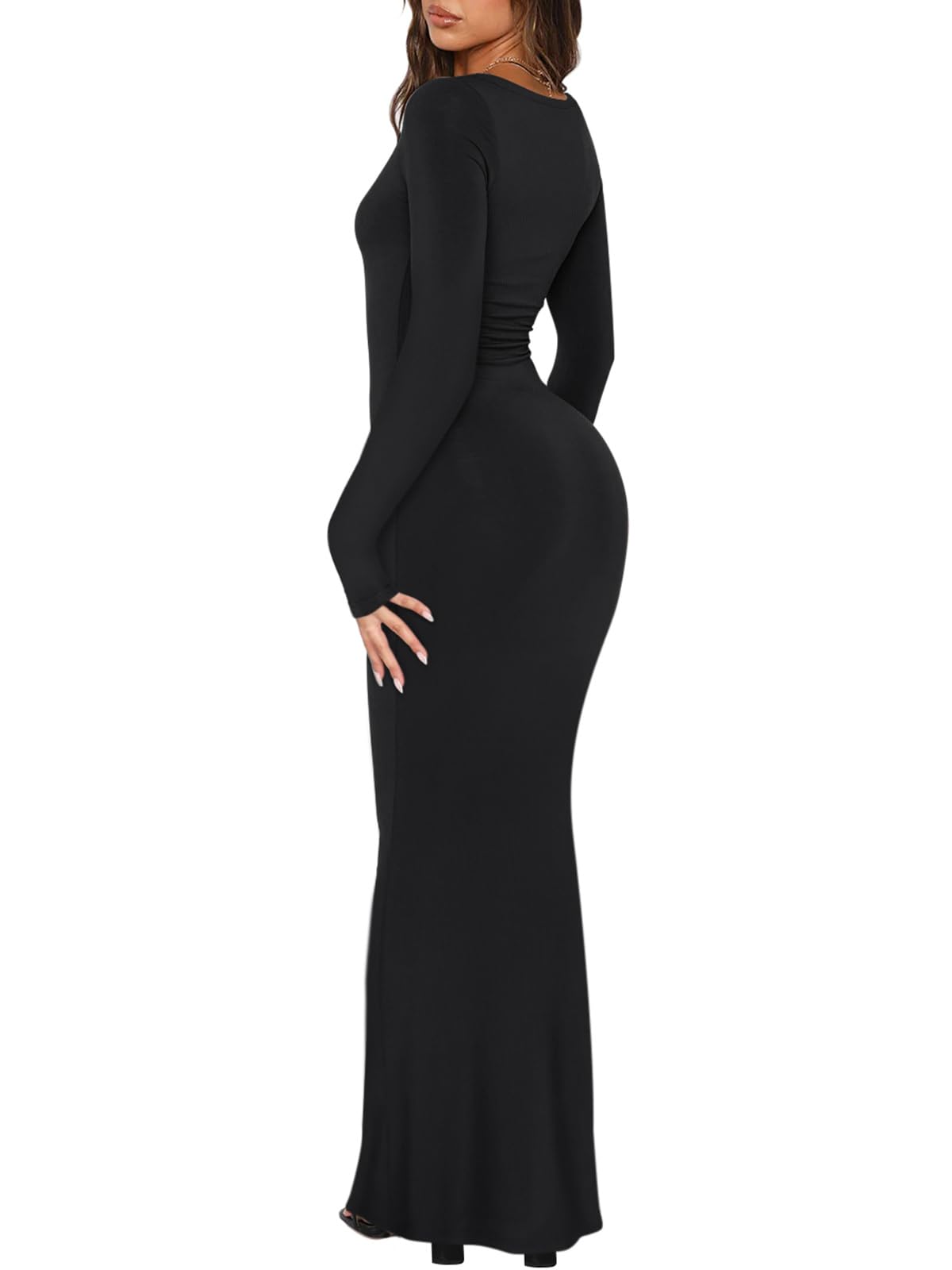 REORIA Womens Sexy Casual Scoop Square Neck Long Sleeve Soft Lounge Long Dress Fall Wedding Guest Elegant Ribbed Bodycon Maxi Dresses Black Small