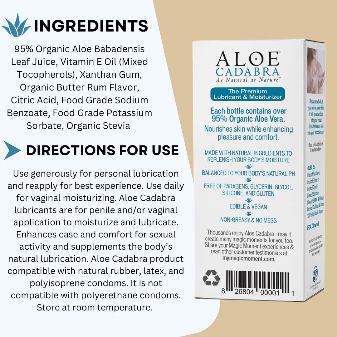 Aloe Cadabra Flavored Personal Lubricant and Vaginal Moisturizer, Organic Edible Aloe Lube for Men, Women and Couples, Non-Staining, pH Balanced, Toy Compatible (Butter Rum, 2.5 Ounces, 2 Pack)