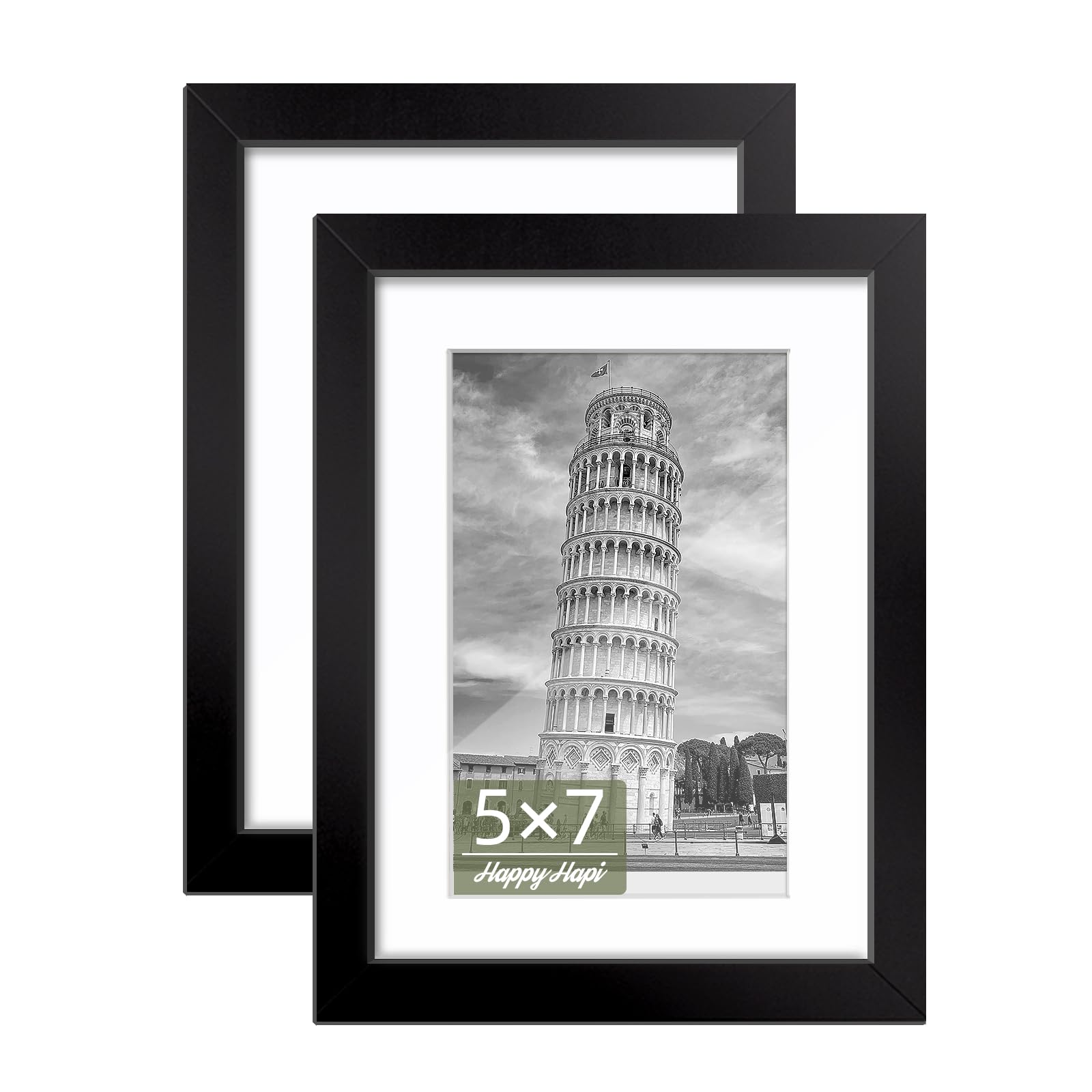 HappyHapi 5x7 Picture Frames, 2 Pack Photo Frames, Display Pictures 5x7 without Mat or 4x6 with Mat, Wall Hanging Photo Frame or Tabletop Display (Black)