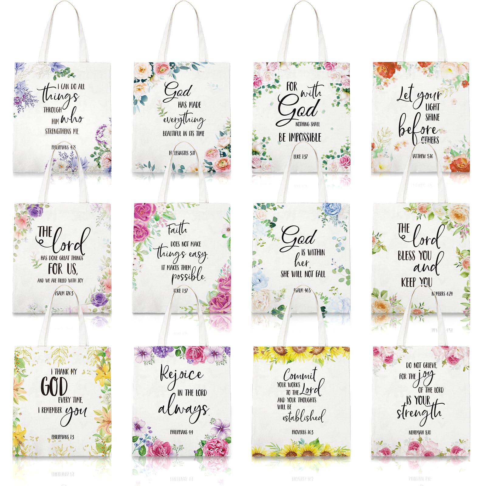 Huhumy 12 Pcs Christian Gift Bible Tote Bags for Women Religious Bulk Floral Christian Canvas Tote Religious Reusable Bags Bible Verse Book for Christmas Gift